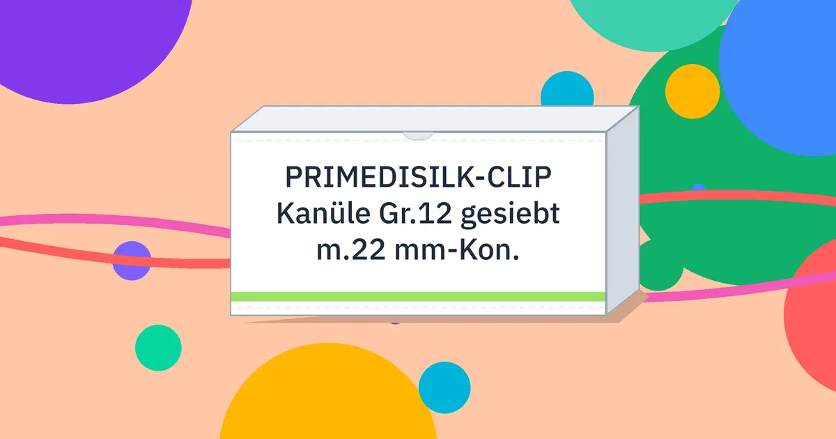 Symbolbild: Packung mit der Aufschrift PRIMEDISILK-CLIP Kanüle Gr.12 gesiebt m.22 mm-Kon. (PZN 10780708) – Verfügbarkeit und Bezug in Apotheken in Frankfurt am Main