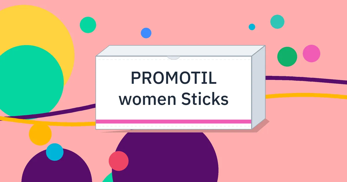 Symbolbild: Packung mit der Aufschrift PROMOTIL women Sticks (PZN 14018179) – Verfügbarkeit und Bezug in Apotheken in Frankfurt am Main
