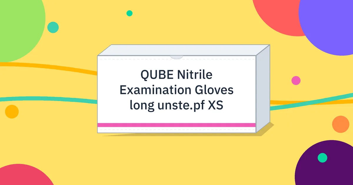 Symbolbild: Packung mit der Aufschrift QUBE Nitrile Examination Gloves long unste.pf XS (PZN 18797186) – Verfügbarkeit und Bezug in Apotheken in Frankfurt am Main
