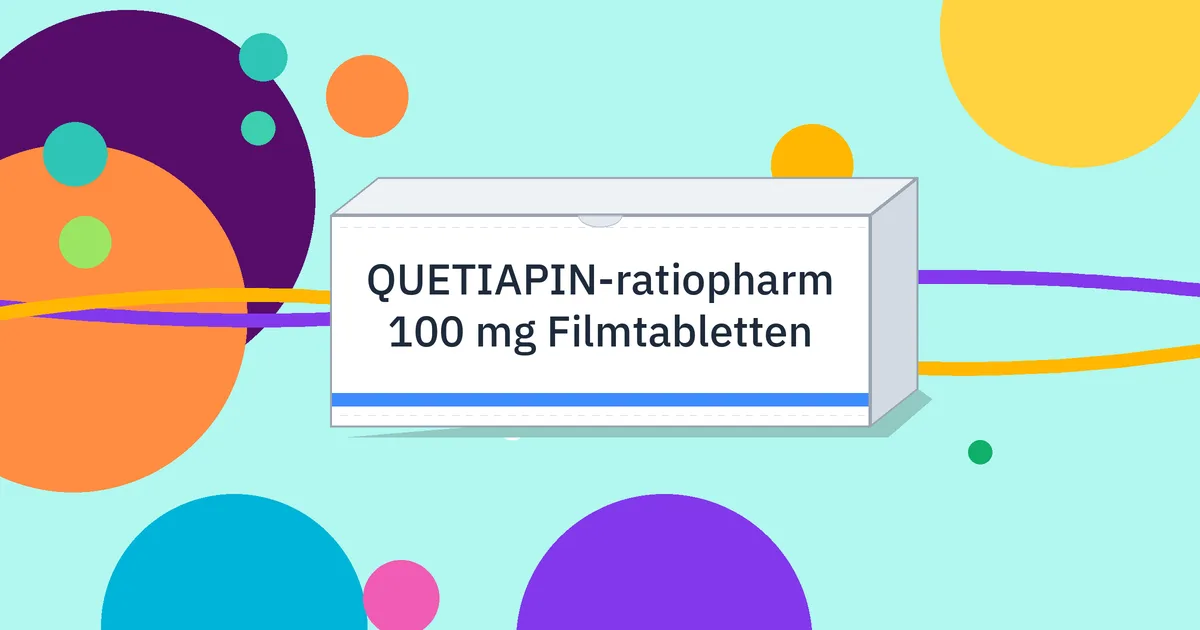 Symbolbild: Packung mit der Aufschrift QUETIAPIN-ratiopharm 100 mg Filmtabletten (PZN 09243164) – Verfügbarkeit und Bezug in Apotheken in Frankfurt am Main