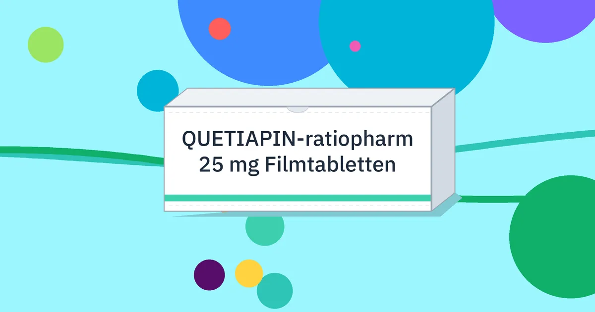 Symbolbild: Packung mit der Aufschrift QUETIAPIN-ratiopharm 25 mg Filmtabletten (PZN 09243141) – Verfügbarkeit und Bezug in Apotheken in Frankfurt am Main