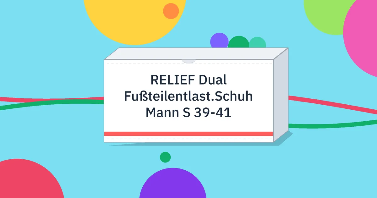 Symbolbild: Packung mit der Aufschrift RELIEF Dual Fußteilentlast.Schuh Mann S 39-41 (PZN 16629800) – Verfügbarkeit und Bezug in Apotheken in Frankfurt am Main