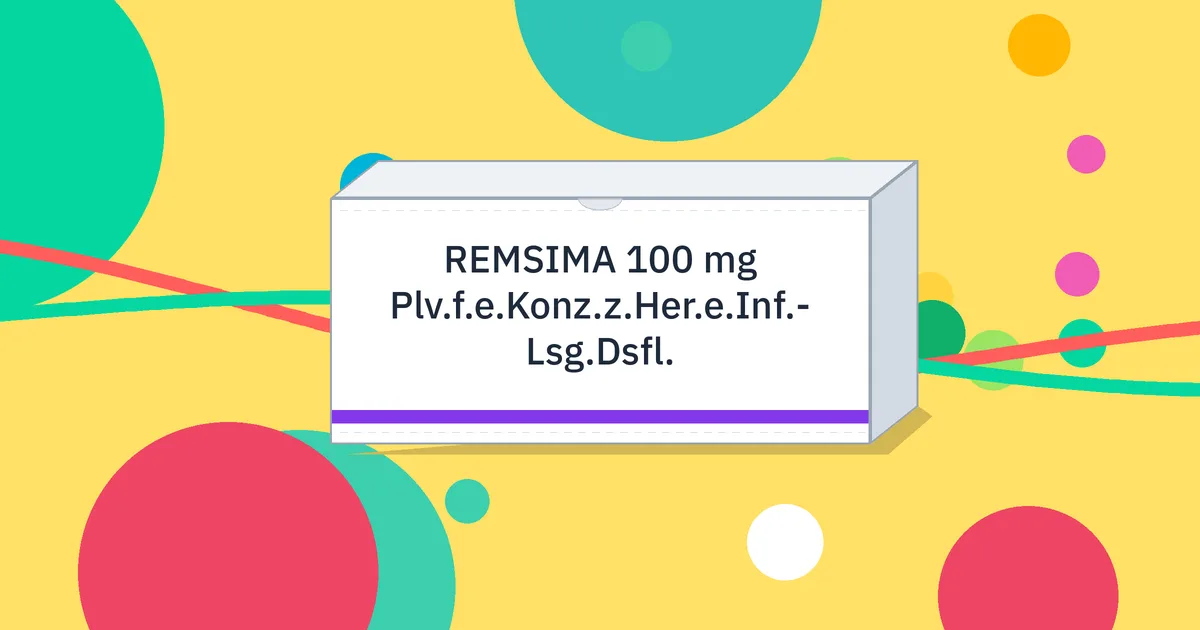 Symbolbild: Packung mit der Aufschrift REMSIMA 100 mg Plv.f.e.Konz.z.Her.e.Inf.-Lsg.Dsfl. (PZN 17274641) – Verfügbarkeit und Bezug in Apotheken in Frankfurt am Main
