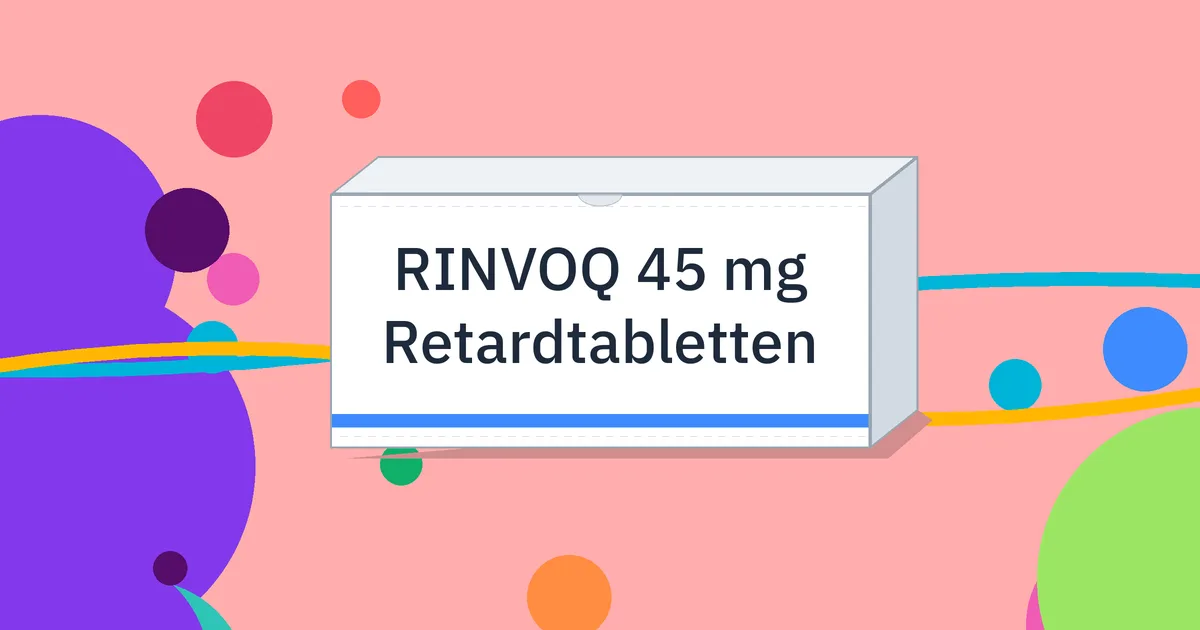 Symbolbild: Packung mit der Aufschrift RINVOQ 45 mg Retardtabletten (PZN 19943945) – Verfügbarkeit und Bezug in Apotheken in Frankfurt am Main
