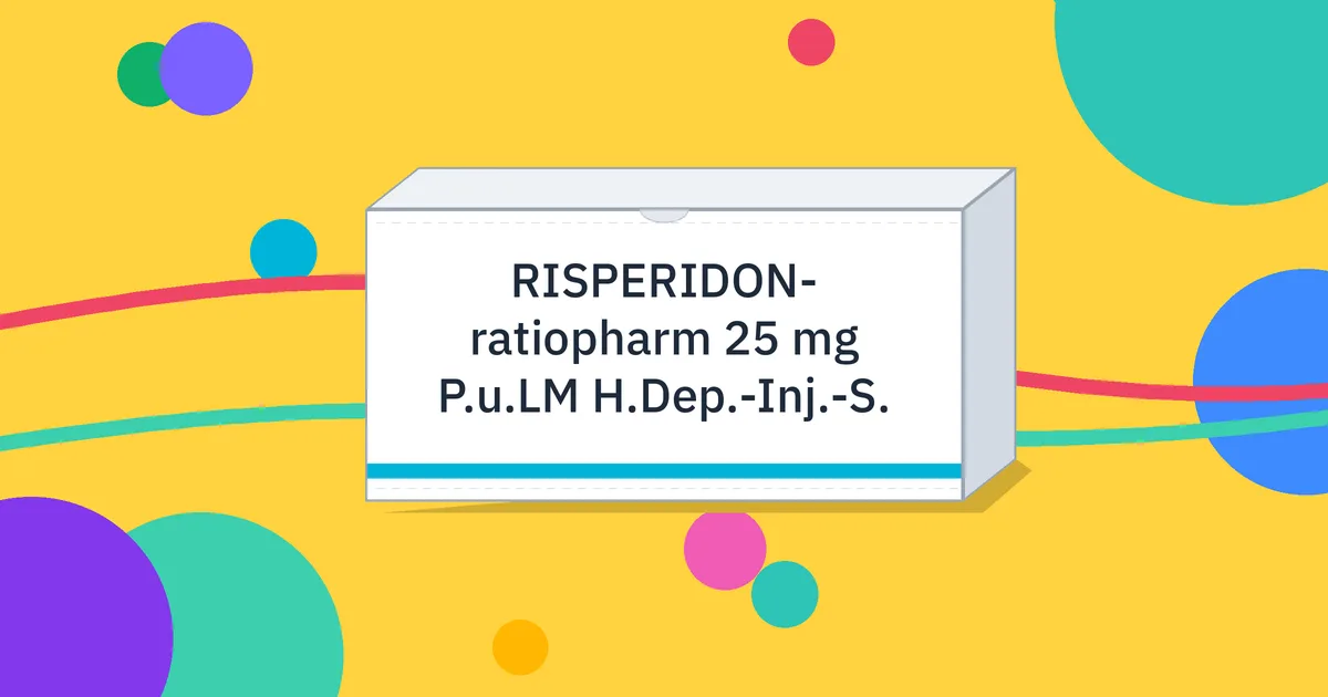 Symbolbild: Packung mit der Aufschrift RISPERIDON-ratiopharm 25 mg P.u.LM H.Dep.-Inj.-S. (PZN 20574849) – Verfügbarkeit und Bezug in Apotheken in Frankfurt am Main