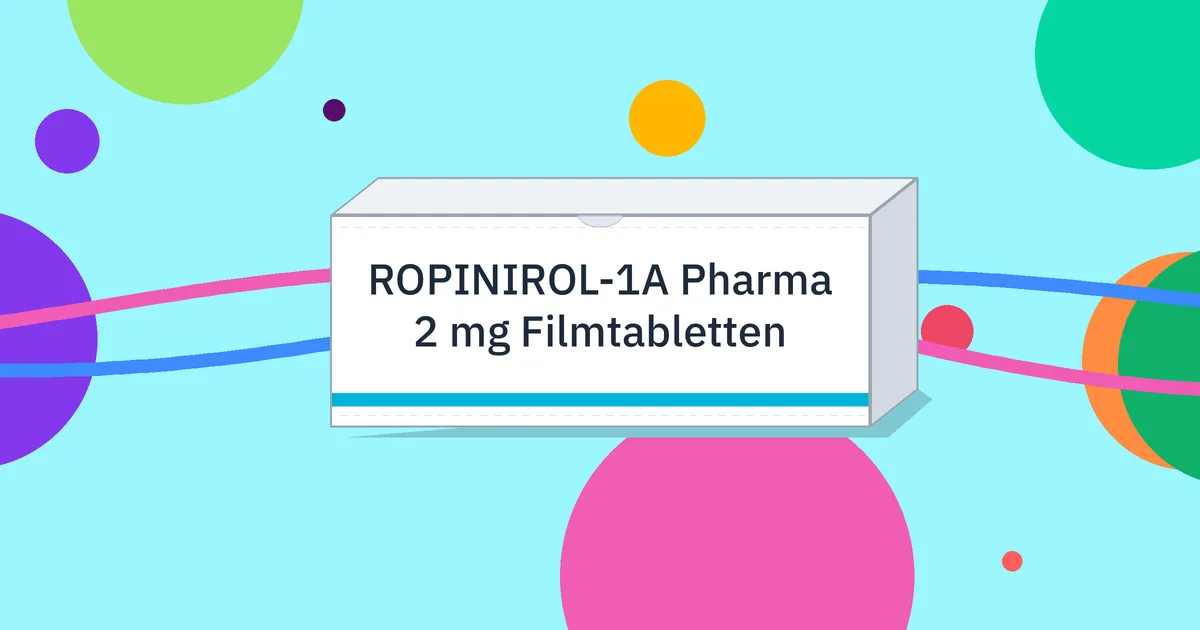 Symbolbild: Packung mit der Aufschrift ROPINIROL-1A Pharma 2 mg Filmtabletten (PZN 05460284) – Verfügbarkeit und Bezug in Apotheken in Frankfurt am Main
