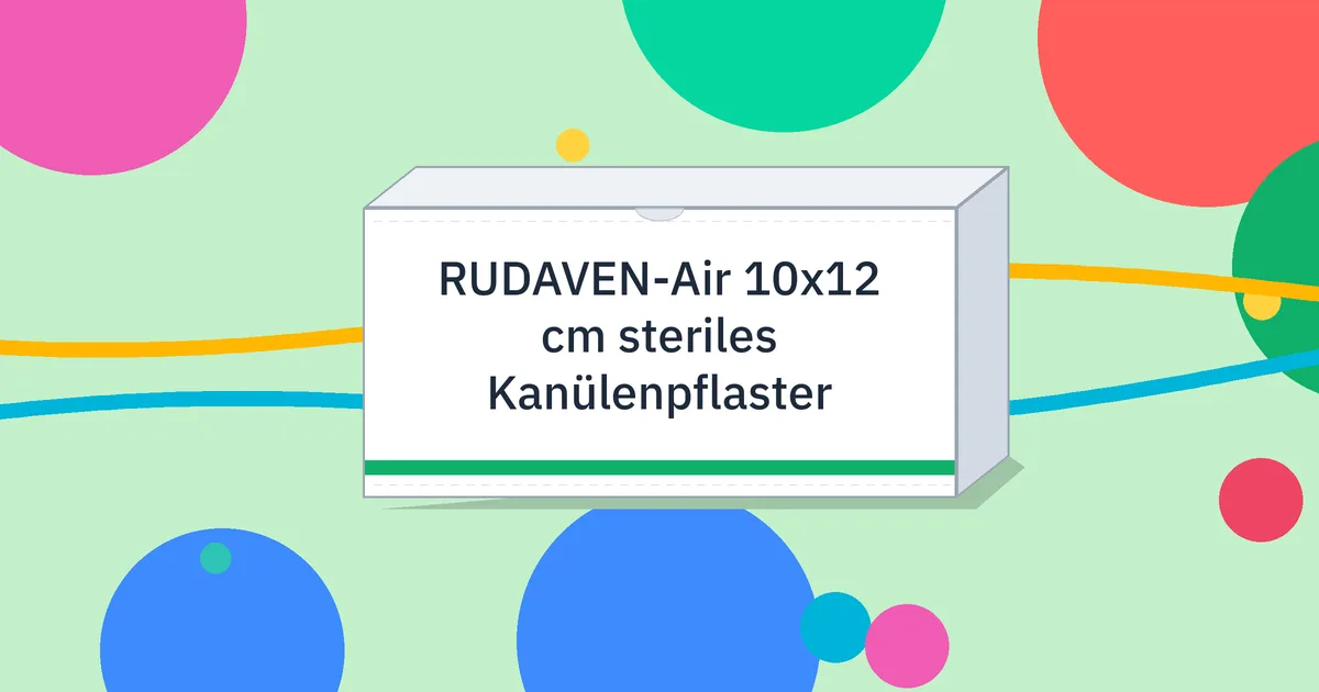 Symbolbild: Packung mit der Aufschrift RUDAVEN-Air 10x12 cm steriles Kanülenpflaster (PZN 16705286) – Verfügbarkeit und Bezug in Apotheken in Frankfurt am Main