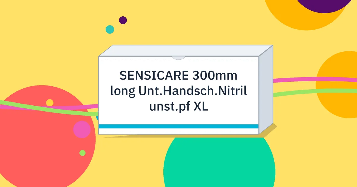 Symbolbild: Packung mit der Aufschrift SENSICARE 300mm long Unt.Handsch.Nitril unst.pf XL (PZN 20205796) – Verfügbarkeit und Bezug in Apotheken in Frankfurt am Main