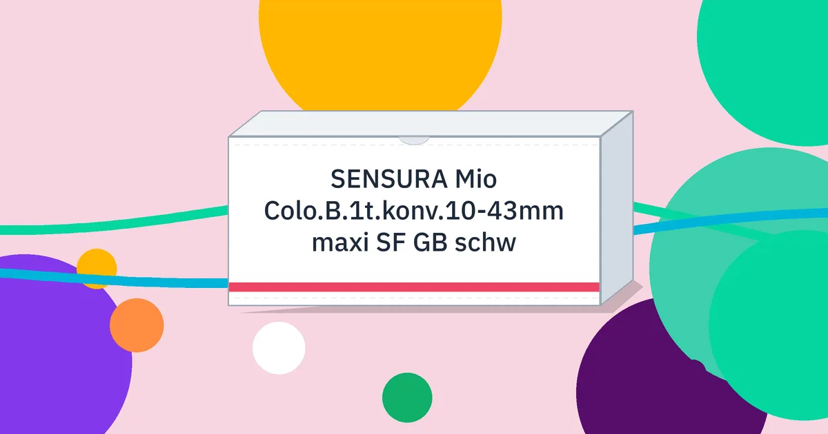 Symbolbild: Packung mit der Aufschrift SENSURA Mio Colo.B.1t.konv.10-43mm maxi SF GB schw (PZN 19974437) – Verfügbarkeit und Bezug in Apotheken in Frankfurt am Main