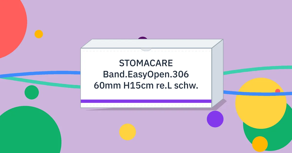 Symbolbild: Packung mit der Aufschrift STOMACARE Band.EasyOpen.306 60mm H15cm re.L schw. (PZN 09437460) – Verfügbarkeit und Bezug in Apotheken in Frankfurt am Main
