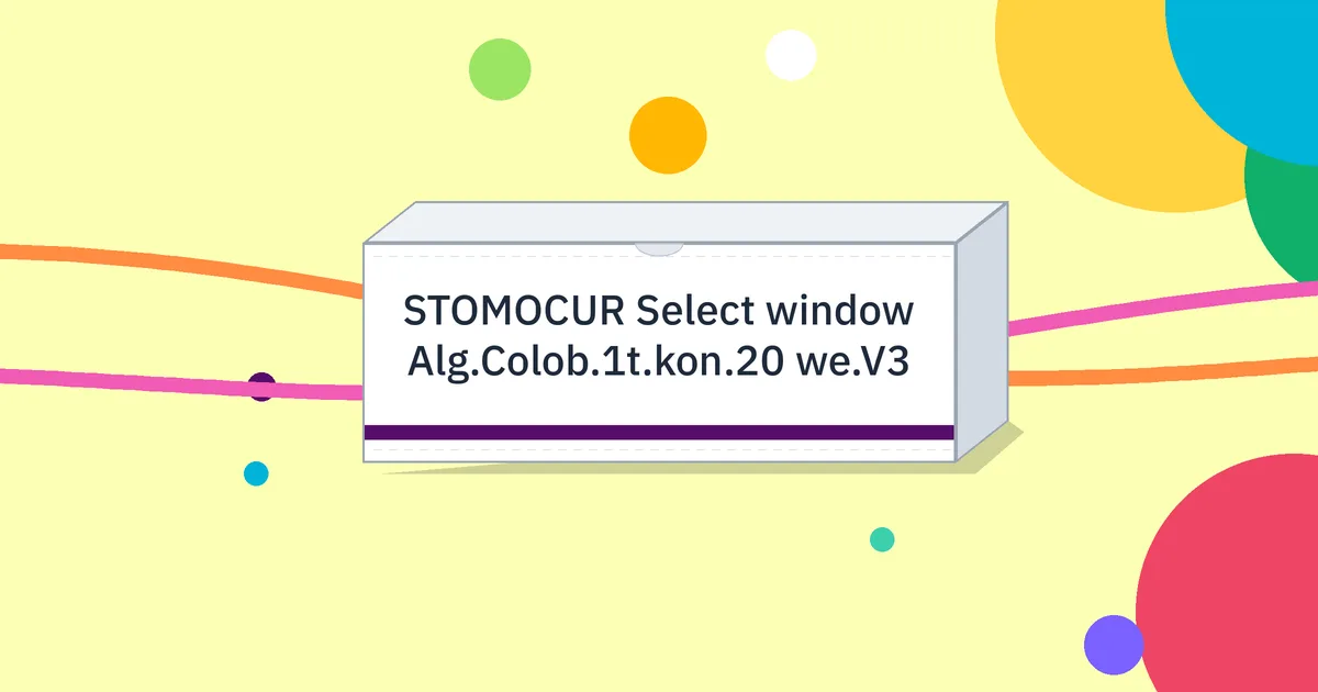 Symbolbild: Packung mit der Aufschrift STOMOCUR Select window Alg.Colob.1t.kon.20 we.V3 (PZN 11549344) – Verfügbarkeit und Bezug in Apotheken in Frankfurt am Main