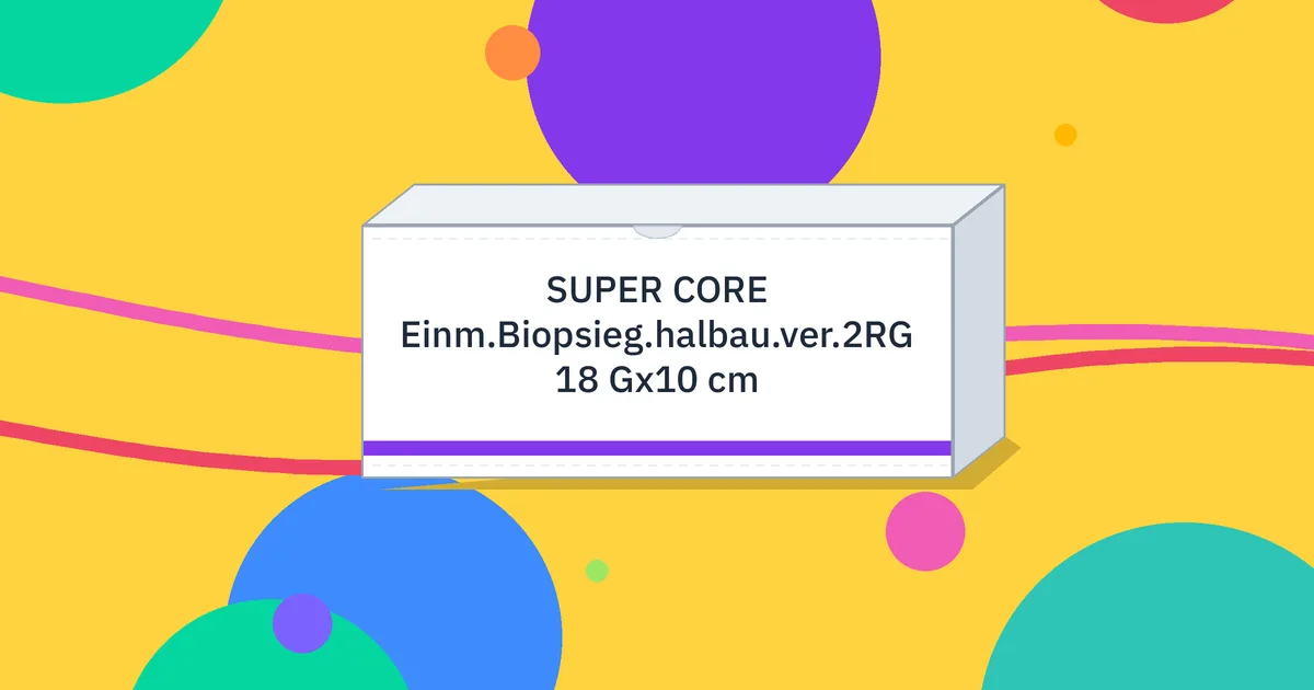 Symbolbild: Packung mit der Aufschrift SUPER CORE Einm.Biopsieg.halbau.ver.2RG 18 Gx10 cm (PZN 07100986) – Verfügbarkeit und Bezug in Apotheken in Frankfurt am Main