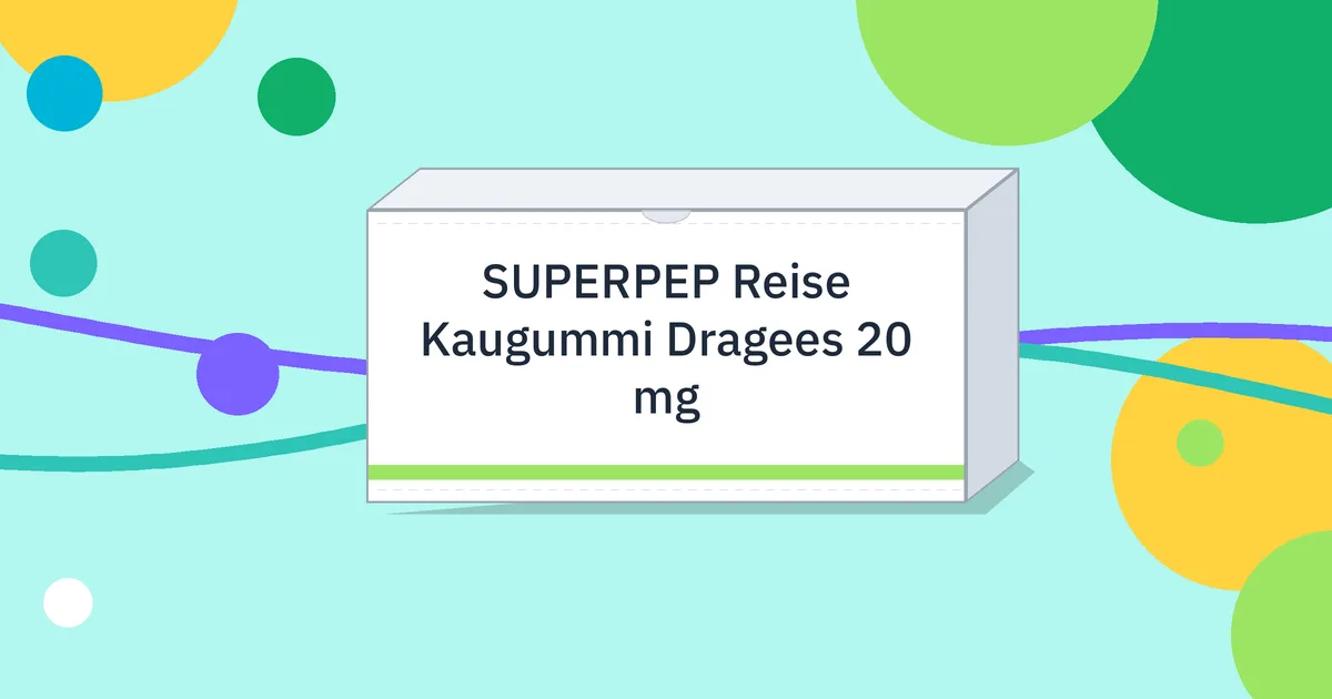Symbolbild: Packung mit der Aufschrift SUPERPEP Reise Kaugummi Dragees 20 mg (PZN 04877929) – Verfügbarkeit und Bezug in Apotheken in Frankfurt am Main