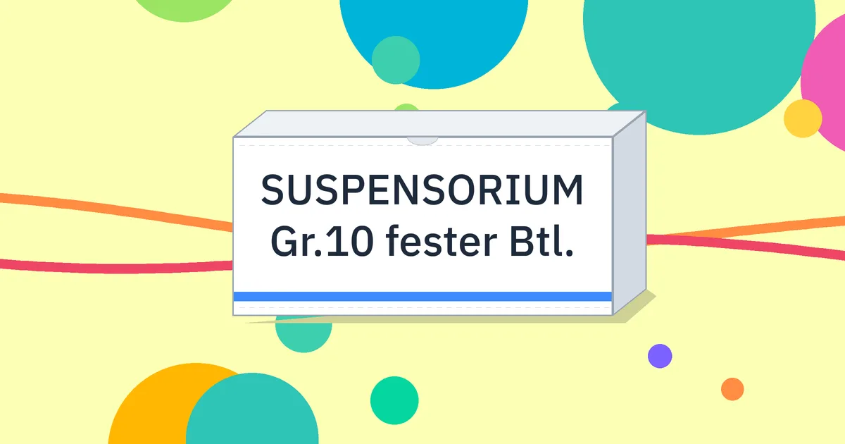 Symbolbild: Packung mit der Aufschrift SUSPENSORIUM Gr.10 fester Btl. (PZN 04865665) – Verfügbarkeit und Bezug in Apotheken in Frankfurt am Main