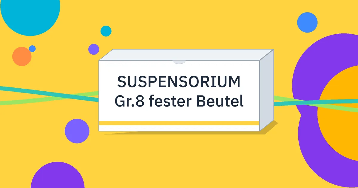 Symbolbild: Packung mit der Aufschrift SUSPENSORIUM Gr.8 fester Beutel (PZN 01739204) – Verfügbarkeit und Bezug in Apotheken in Frankfurt am Main