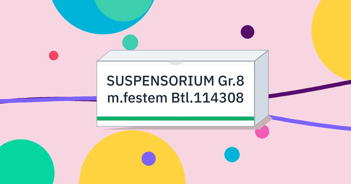 Symbolbild: Packung mit der Aufschrift SUSPENSORIUM Gr.8 m.festem Btl.114308 (PZN 04608879) – Verfügbarkeit und Bezug in Apotheken in Frankfurt am Main