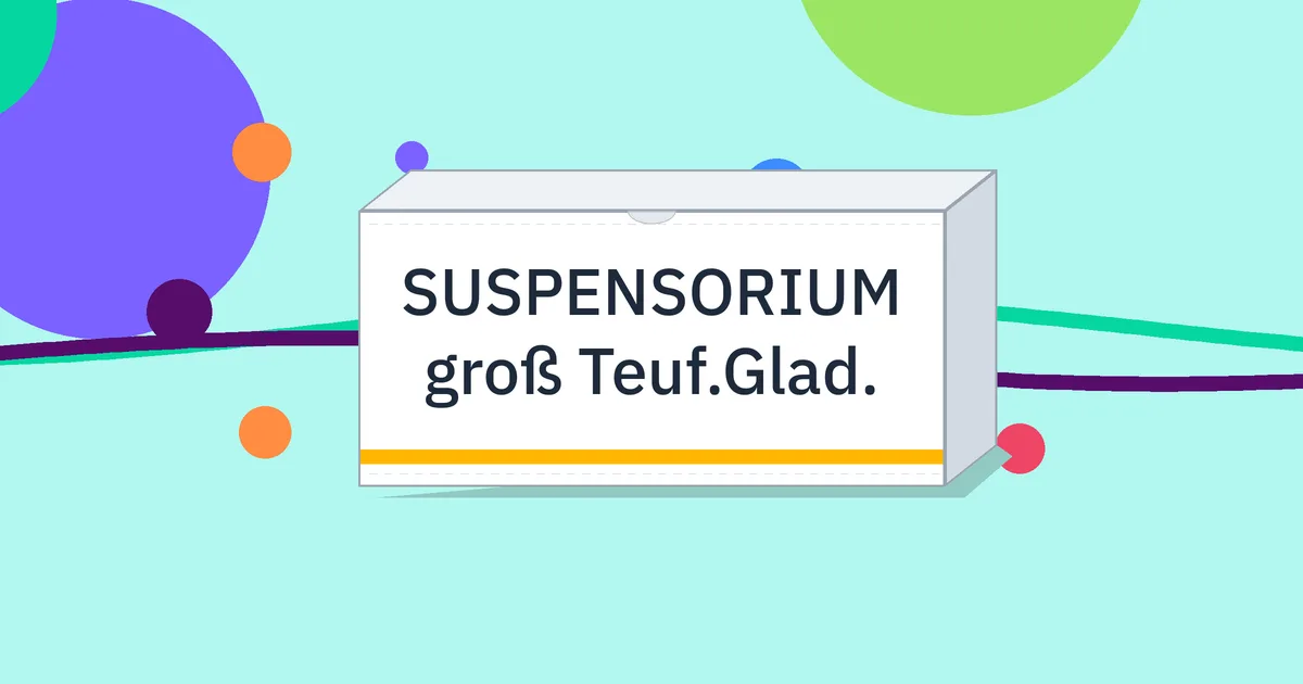 Symbolbild: Packung mit der Aufschrift SUSPENSORIUM groß Teuf.Glad. (PZN 02009531) – Verfügbarkeit und Bezug in Apotheken in Frankfurt am Main