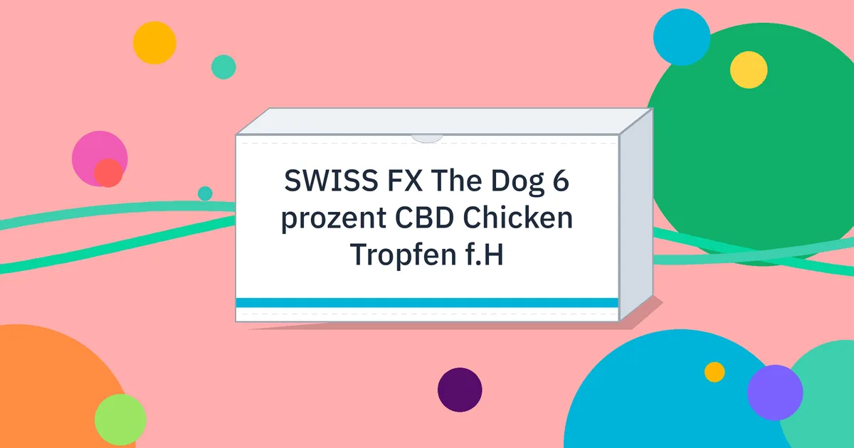 Symbolbild: Packung mit der Aufschrift SWISS FX The Dog 6 prozent CBD Chicken Tropfen f.H (PZN 19395366) – Verfügbarkeit und Bezug in Apotheken in Frankfurt am Main