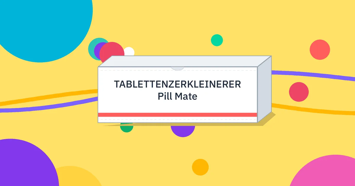 Symbolbild: Packung mit der Aufschrift TABLETTENZERKLEINERER Pill Mate (PZN 15385402) – Verfügbarkeit und Bezug in Apotheken in Frankfurt am Main