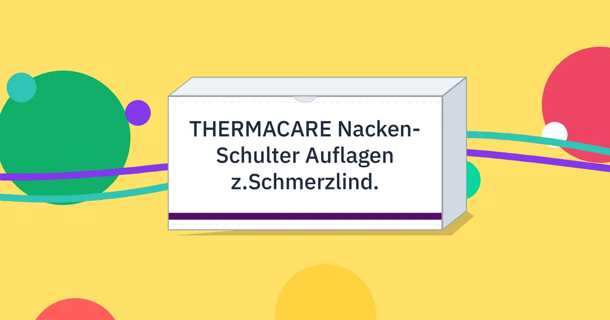 Symbolbild: Packung mit der Aufschrift THERMACARE Nacken-Schulter Auflagen z.Schmerzlind. (PZN 10079273) – Verfügbarkeit und Bezug in Apotheken in Frankfurt am Main