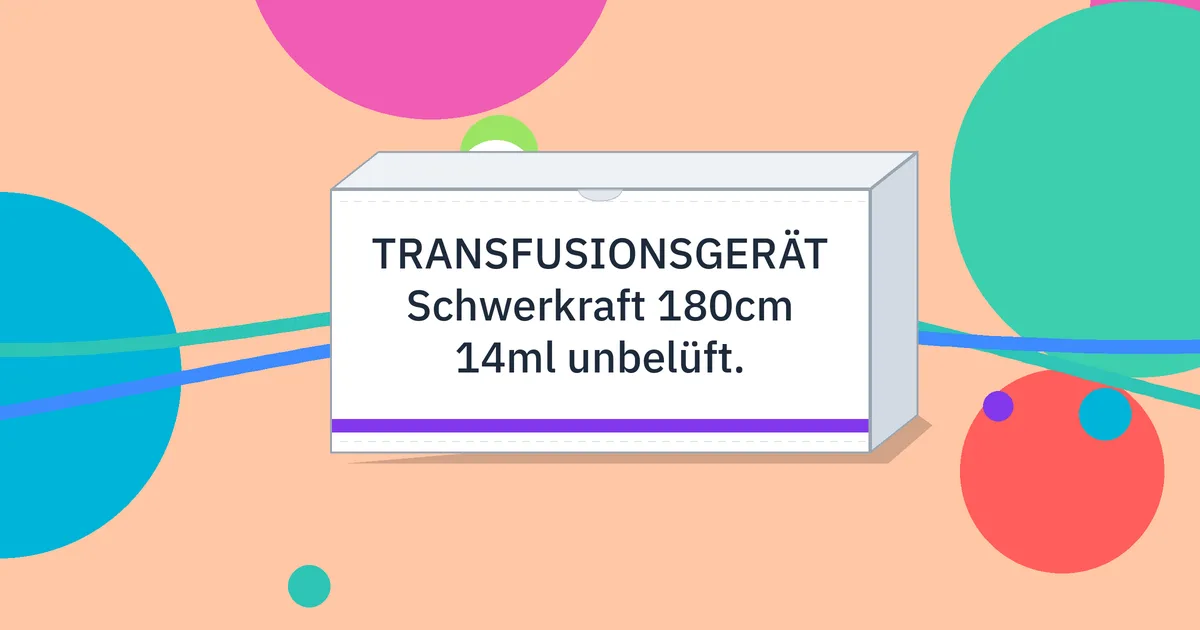 Symbolbild: Packung mit der Aufschrift TRANSFUSIONSGERÄT Schwerkraft 180cm 14ml unbelüft. (PZN 18837164) – Verfügbarkeit und Bezug in Apotheken in Frankfurt am Main