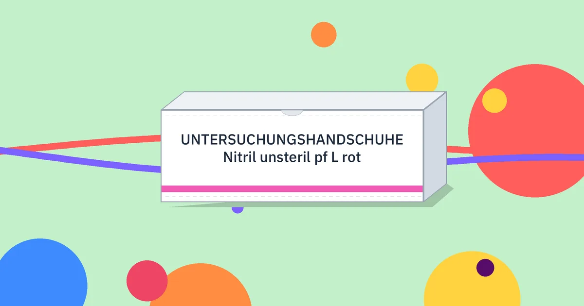 Symbolbild: Packung mit der Aufschrift UNTERSUCHUNGSHANDSCHUHE Nitril unsteril pf L rot (PZN 14399974) – Verfügbarkeit und Bezug in Apotheken in Frankfurt am Main