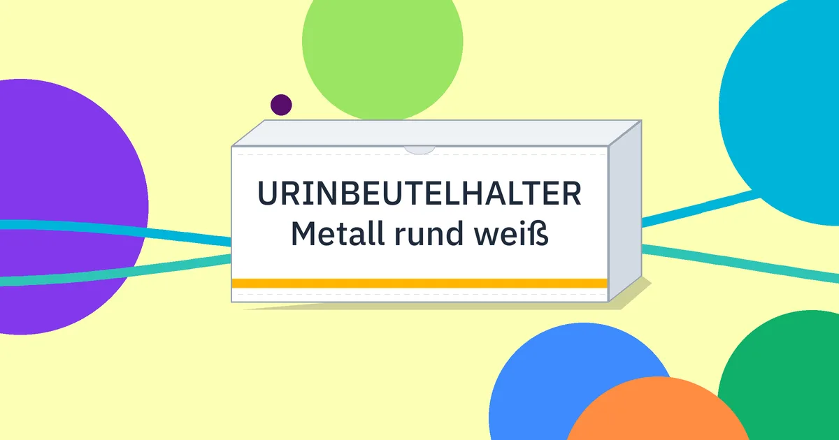 Symbolbild: Packung mit der Aufschrift URINBEUTELHALTER Metall rund weiß (PZN 03028364) – Verfügbarkeit und Bezug in Apotheken in Frankfurt am Main