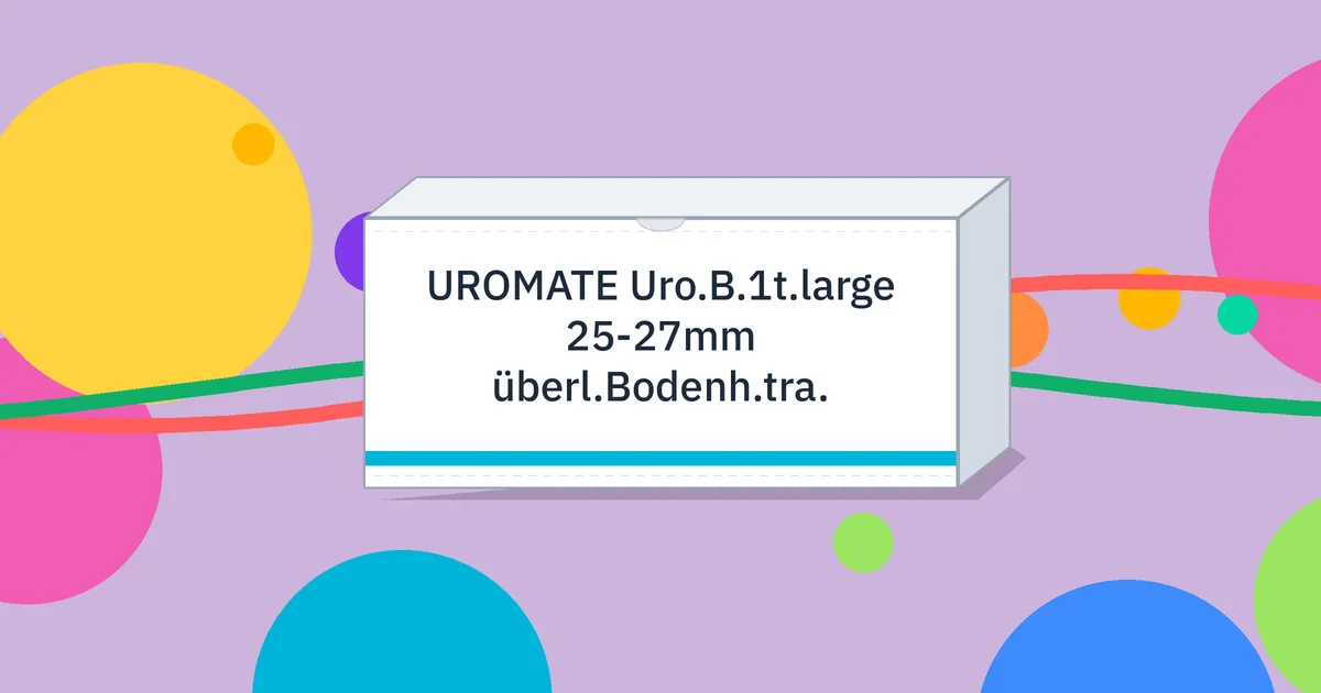 Symbolbild: Packung mit der Aufschrift UROMATE Uro.B.1t.large 25-27mm überl.Bodenh.tra. (PZN 03741263) – Verfügbarkeit und Bezug in Apotheken in Frankfurt am Main