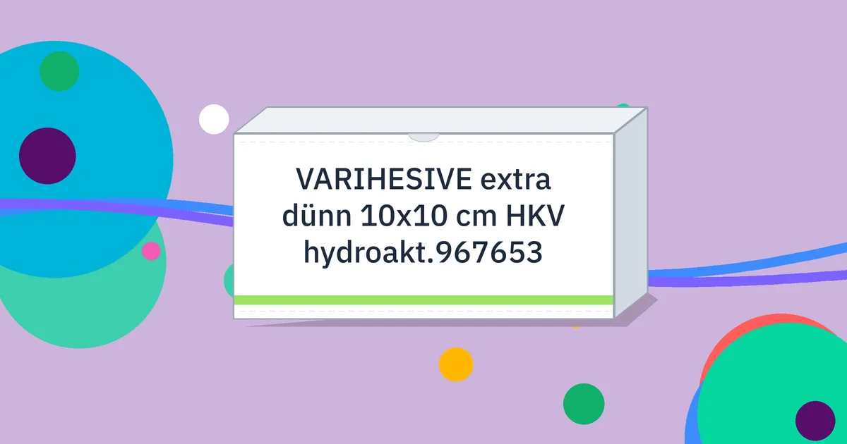 Symbolbild: Packung mit der Aufschrift VARIHESIVE extra dünn 10x10 cm HKV hydroakt.967653 (PZN 14061560) – Verfügbarkeit und Bezug in Apotheken in Frankfurt am Main