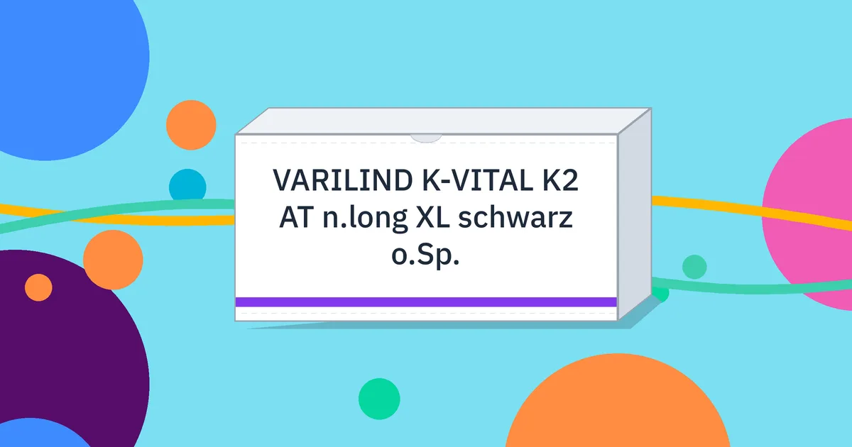 Symbolbild: Packung mit der Aufschrift VARILIND K-VITAL K2 AT n.long XL schwarz o.Sp. (PZN 20562154) – Verfügbarkeit und Bezug in Apotheken in Frankfurt am Main