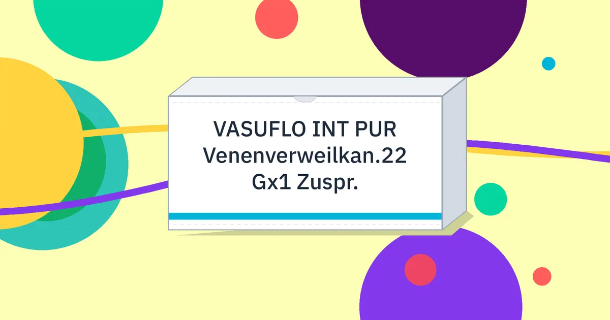 Symbolbild: Packung mit der Aufschrift VASUFLO INT PUR Venenverweilkan.22 Gx1 Zuspr. (PZN 18387235) – Verfügbarkeit und Bezug in Apotheken in Frankfurt am Main