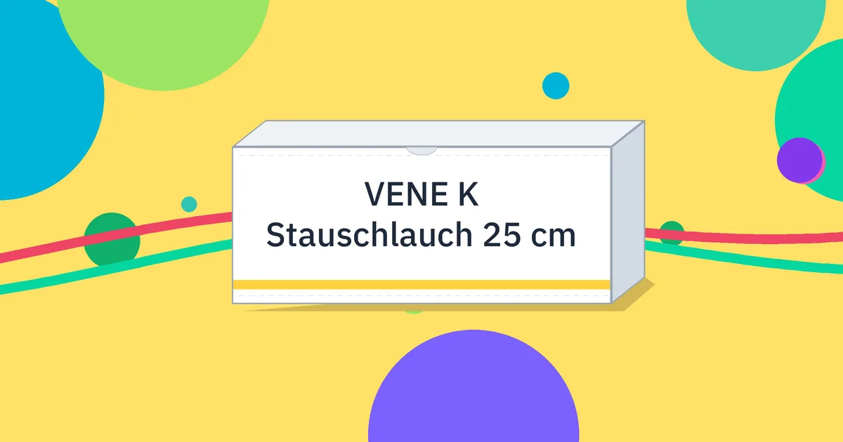 Symbolbild: Packung mit der Aufschrift VENE K Stauschlauch 25 cm (PZN 13711926) – Verfügbarkeit und Bezug in Apotheken in Frankfurt am Main