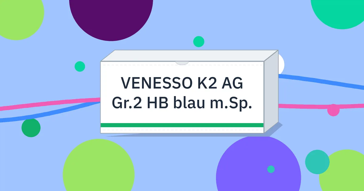 Symbolbild: Packung mit der Aufschrift VENESSO K2 AG Gr.2 HB blau m.Sp. (PZN 03264449) – Verfügbarkeit und Bezug in Apotheken in Frankfurt am Main