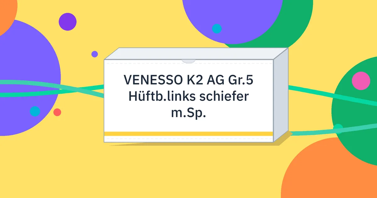 Symbolbild: Packung mit der Aufschrift VENESSO K2 AG Gr.5 Hüftb.links schiefer m.Sp. (PZN 03267910) – Verfügbarkeit und Bezug in Apotheken in Frankfurt am Main