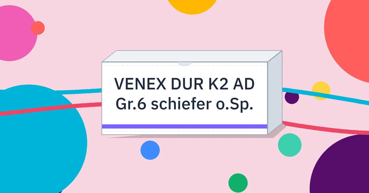 Symbolbild: Packung mit der Aufschrift VENEX DUR K2 AD Gr.6 schiefer o.Sp. (PZN 03211996) – Verfügbarkeit und Bezug in Apotheken in Frankfurt am Main