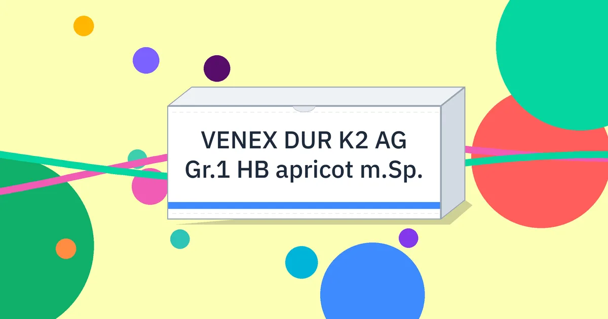 Symbolbild: Packung mit der Aufschrift VENEX DUR K2 AG Gr.1 HB apricot m.Sp. (PZN 03218679) – Verfügbarkeit und Bezug in Apotheken in Frankfurt am Main