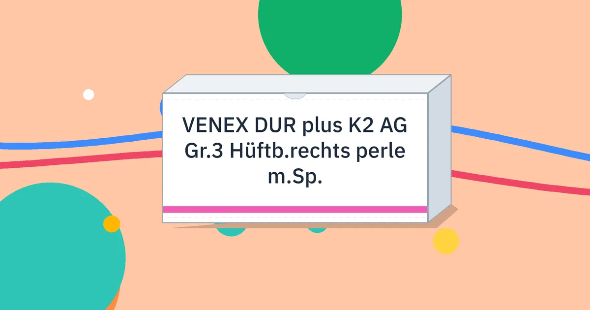 Symbolbild: Packung mit der Aufschrift VENEX DUR plus K2 AG Gr.3 Hüftb.rechts perle m.Sp. (PZN 03237748) – Verfügbarkeit und Bezug in Apotheken in Frankfurt am Main