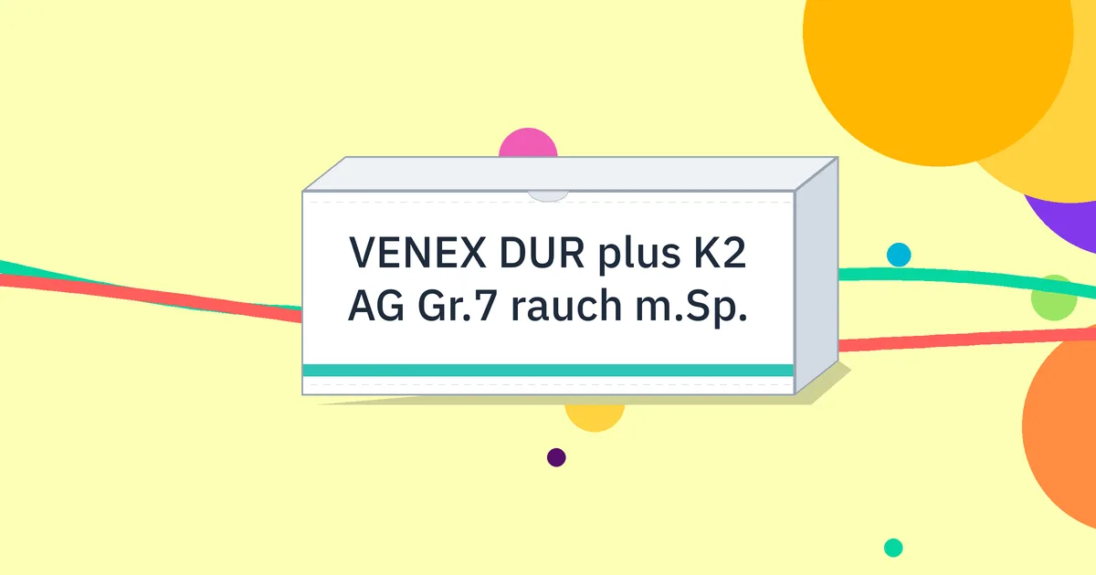 Symbolbild: Packung mit der Aufschrift VENEX DUR plus K2 AG Gr.7 rauch m.Sp. (PZN 03234885) – Verfügbarkeit und Bezug in Apotheken in Frankfurt am Main