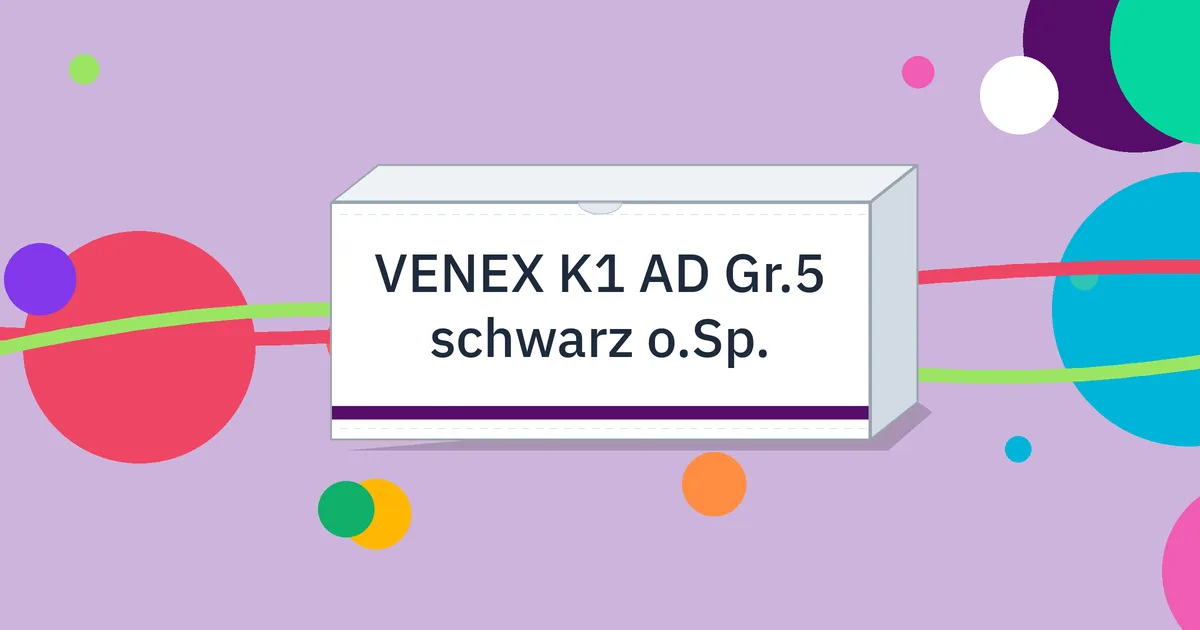 Symbolbild: Packung mit der Aufschrift VENEX K1 AD Gr.5 schwarz o.Sp. (PZN 03186175) – Verfügbarkeit und Bezug in Apotheken in Frankfurt am Main