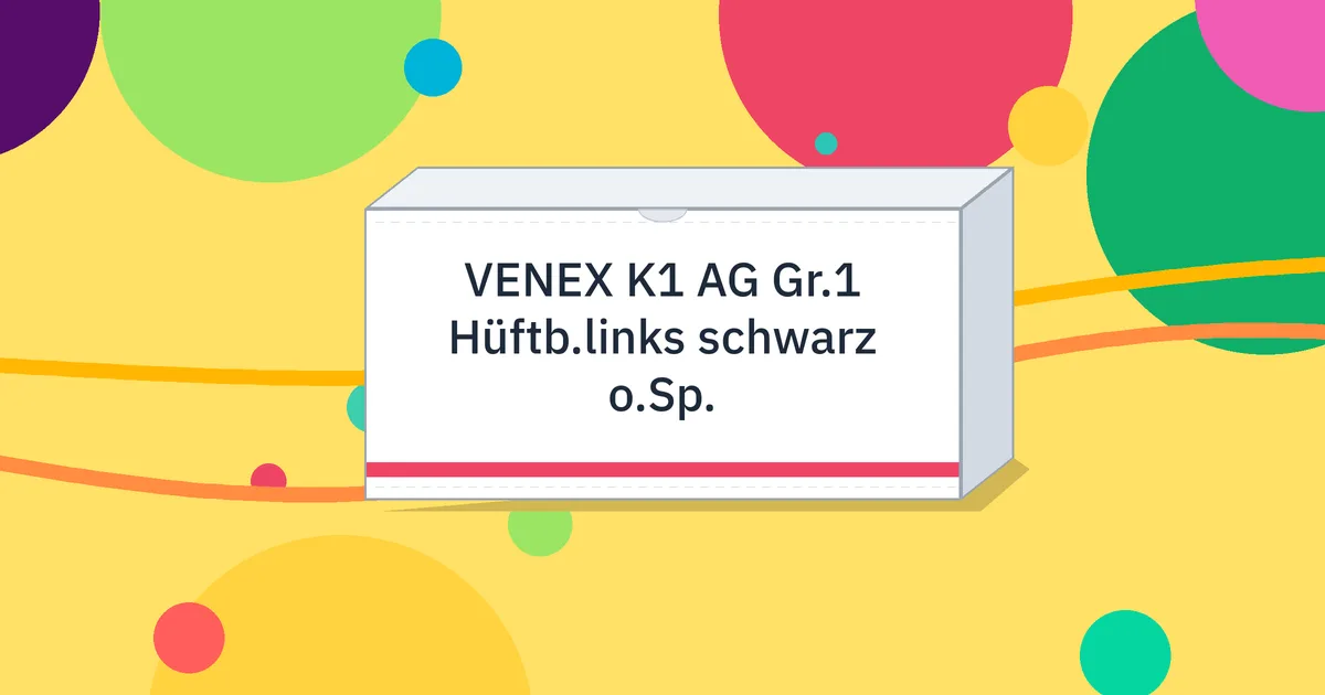Symbolbild: Packung mit der Aufschrift VENEX K1 AG Gr.1 Hüftb.links schwarz o.Sp. (PZN 03206400) – Verfügbarkeit und Bezug in Apotheken in Frankfurt am Main
