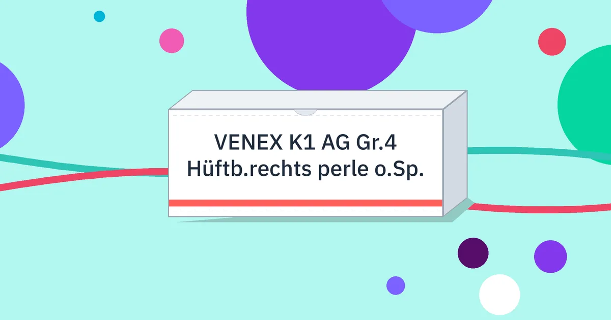 Symbolbild: Packung mit der Aufschrift VENEX K1 AG Gr.4 Hüftb.rechts perle o.Sp. (PZN 03207434) – Verfügbarkeit und Bezug in Apotheken in Frankfurt am Main