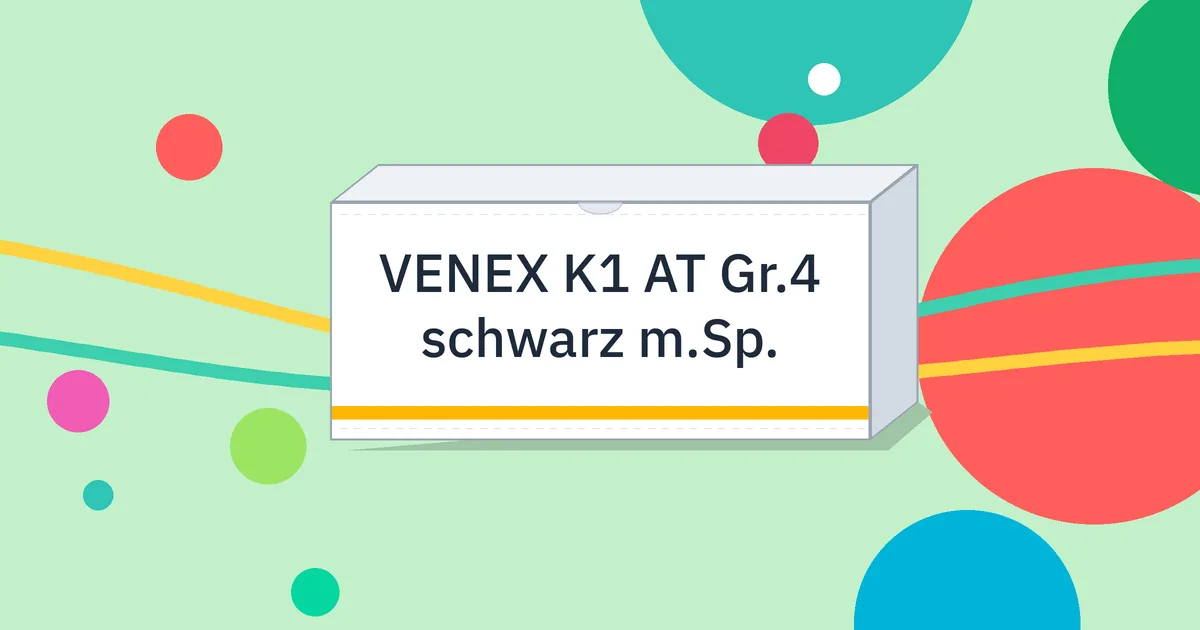 Symbolbild: Packung mit der Aufschrift VENEX K1 AT Gr.4 schwarz m.Sp. (PZN 03196831) – Verfügbarkeit und Bezug in Apotheken in Frankfurt am Main