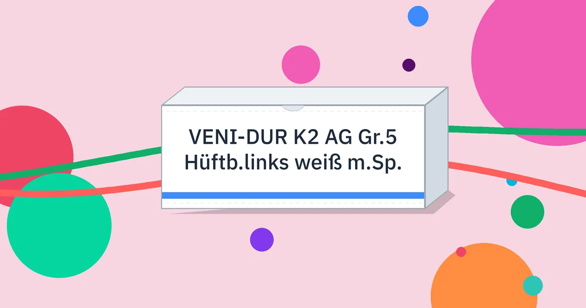 Symbolbild: Packung mit der Aufschrift VENI-DUR K2 AG Gr.5 Hüftb.links weiß m.Sp. (PZN 03250789) – Verfügbarkeit und Bezug in Apotheken in Frankfurt am Main