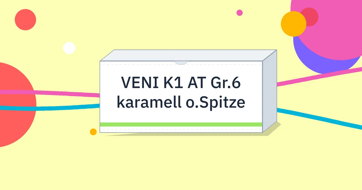 Symbolbild: Packung mit der Aufschrift VENI K1 AT Gr.6 karamell o.Spitze (PZN 13756923) – Verfügbarkeit und Bezug in Apotheken in Frankfurt am Main