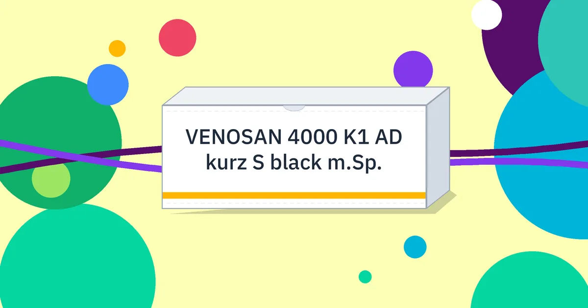 Symbolbild: Packung mit der Aufschrift VENOSAN 4000 K1 AD kurz S black m.Sp. (PZN 14426429) – Verfügbarkeit und Bezug in Apotheken in Frankfurt am Main