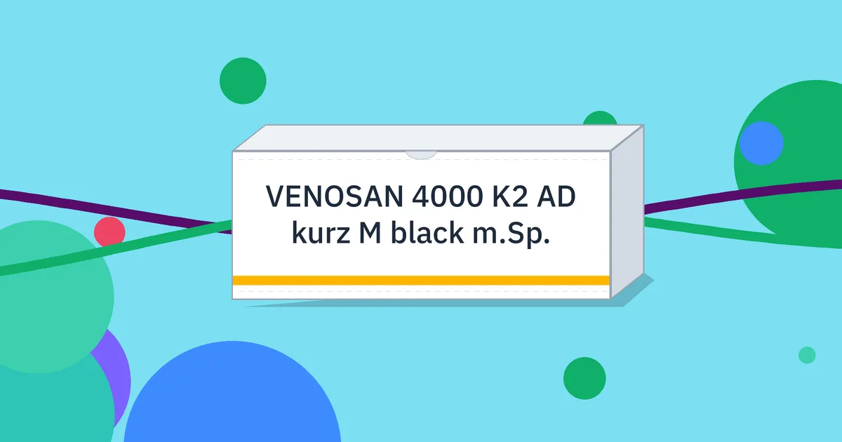 Symbolbild: Packung mit der Aufschrift VENOSAN 4000 K2 AD kurz M black m.Sp. (PZN 14427280) – Verfügbarkeit und Bezug in Apotheken in Frankfurt am Main