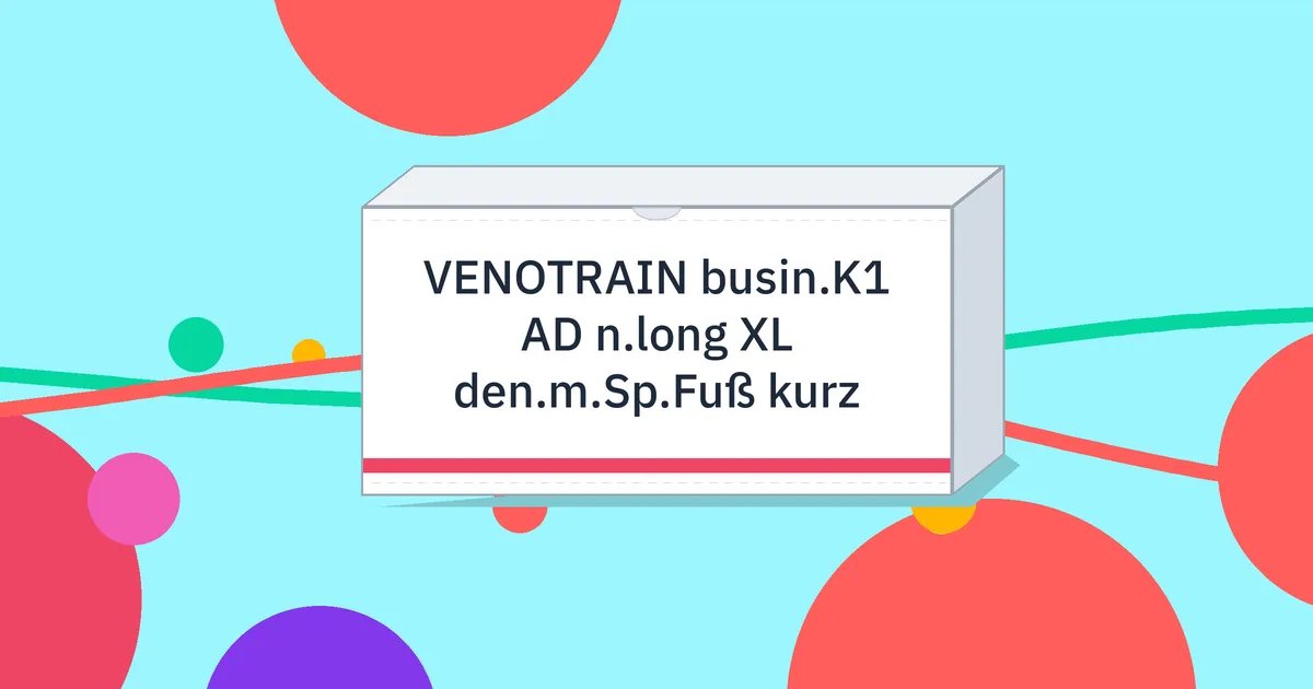 Symbolbild: Packung mit der Aufschrift VENOTRAIN busin.K1 AD n.long XL den.m.Sp.Fuß kurz (PZN 19057445) – Verfügbarkeit und Bezug in Apotheken in Frankfurt am Main
