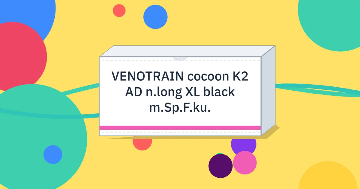 Symbolbild: Packung mit der Aufschrift VENOTRAIN cocoon K2 AD n.long XL black m.Sp.F.ku. (PZN 14401748) – Verfügbarkeit und Bezug in Apotheken in Frankfurt am Main