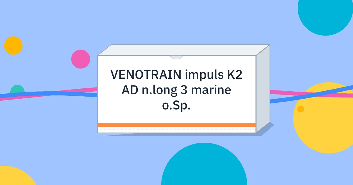 Symbolbild: Packung mit der Aufschrift VENOTRAIN impuls K2 AD n.long 3 marine o.Sp. (PZN 15221439) – Verfügbarkeit und Bezug in Apotheken in Frankfurt am Main