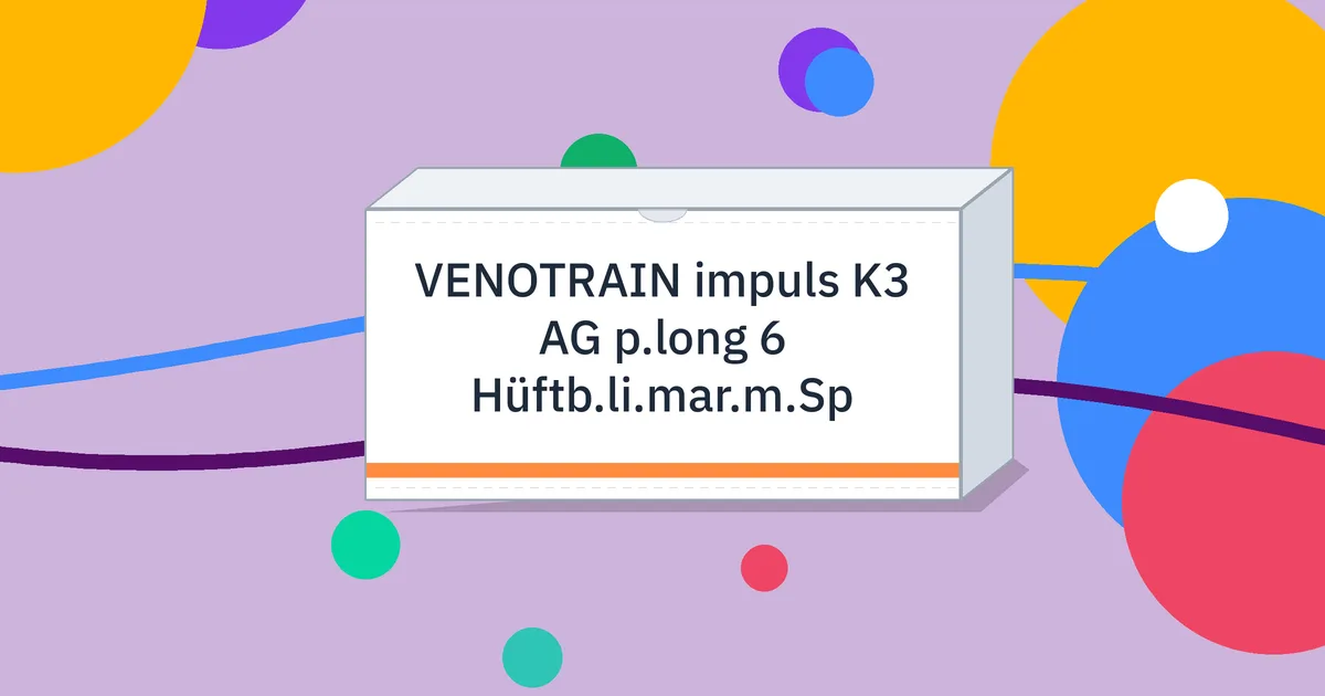 Symbolbild: Packung mit der Aufschrift VENOTRAIN impuls K3 AG p.long 6 Hüftb.li.mar.m.Sp (PZN 15220167) – Verfügbarkeit und Bezug in Apotheken in Frankfurt am Main
